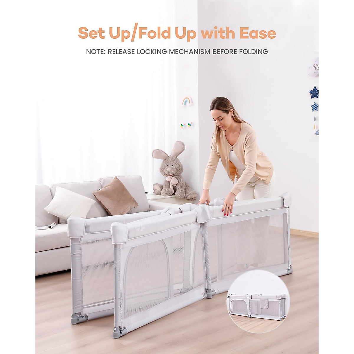 Baby Playpen Playard Foldable, Extra Large Playpen for Babies and Toddlers, Safe Sturdy Baby Fence Play Area with Gate, Removable Bottom, 79 x 59 x 27 Inches, Grey