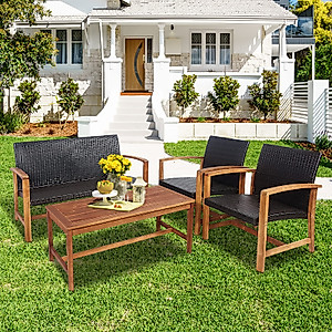 Tangkula 4-Piece PE Rattan Patio Furniture Set, Outdoor Conversation Set with Solid Acacia Wood, Outdoor Bistro Set with 1 Coffee Table, 1 Loveseat and 2 Chairs for Poolside, Backyard and Deck