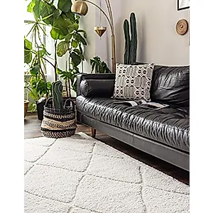 Rugs.com Lattice Shag Collection Rug – 5' x 8' Ivory Shag Rug Perfect for Living Rooms, Large Dining Rooms, Open Floorplans