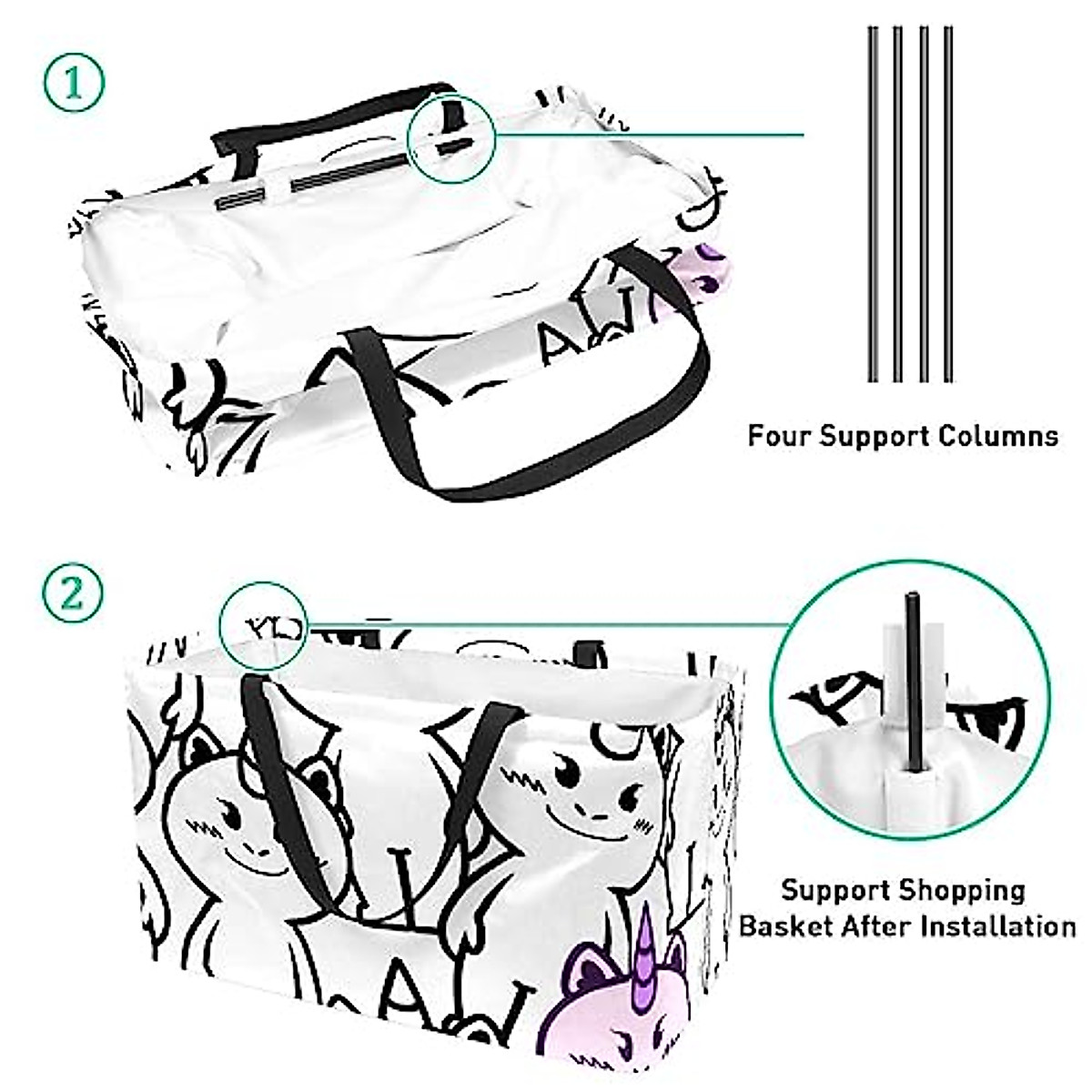 Cartoon Unicorn Full Print Large Capacity Laundry Organizer Tote Bag - Reusable and Foldable Oxford Cloth Shopping Bags