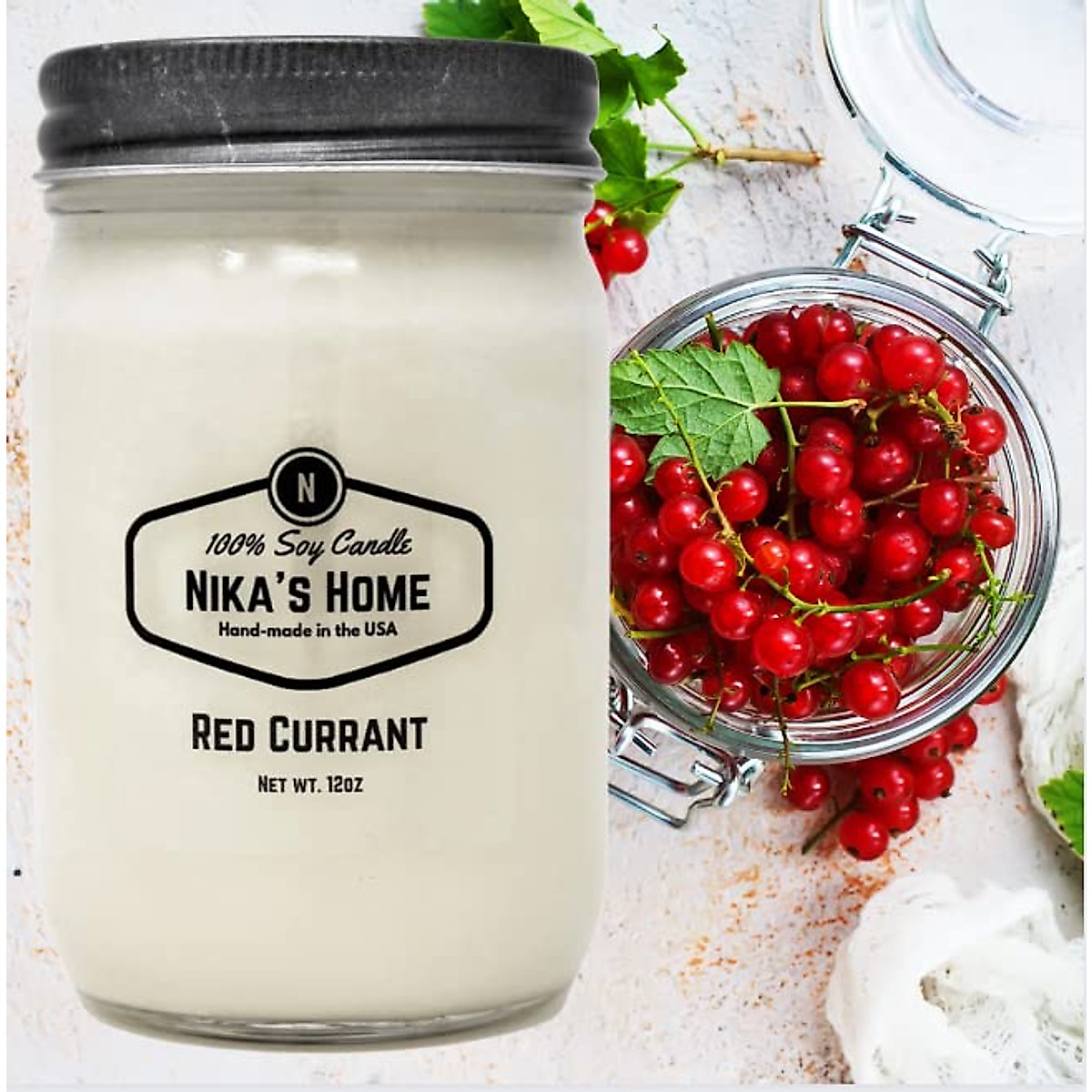 Nika's Home Red Currant Soy Candle 12oz Mason Jar Non-Toxic White Soy Handmade Long Burning 50-60 Hours Highly Scented All Natural Clean Burning Large Candle Gift Décor