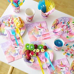 JOYIN 145 Pcs Unicorn Birthday Party Supplies with Unicorn Banner for Girls, 24 Serves Unicorn Disposable Tableware Set with Plates , Cups, Napkins, and Cutlery Sets for Unicorn Themes Party Kids 2 3