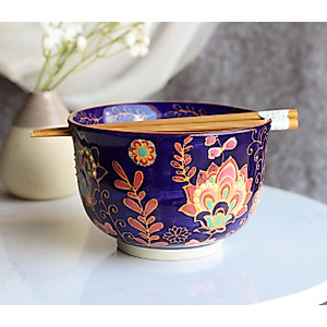 Ebros Midnight Purple Mandala Purple Floral Blossoms Ramen Udon Noodles Large 6.25"D Soup Bowl With Bamboo Chopsticks And Built In Rest Set for Asian Dining Rice Meal Bowls Decor Kitchen
