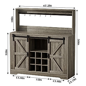SYESWAY Coffee Bar Cabinet, 47" Farmhouse Sideboard Buffet Cabinet with Sliding Barn Door, Wine Rack & 6 Hooks, Wine Bar Cabinet for Home Dining Living Room, Grey
