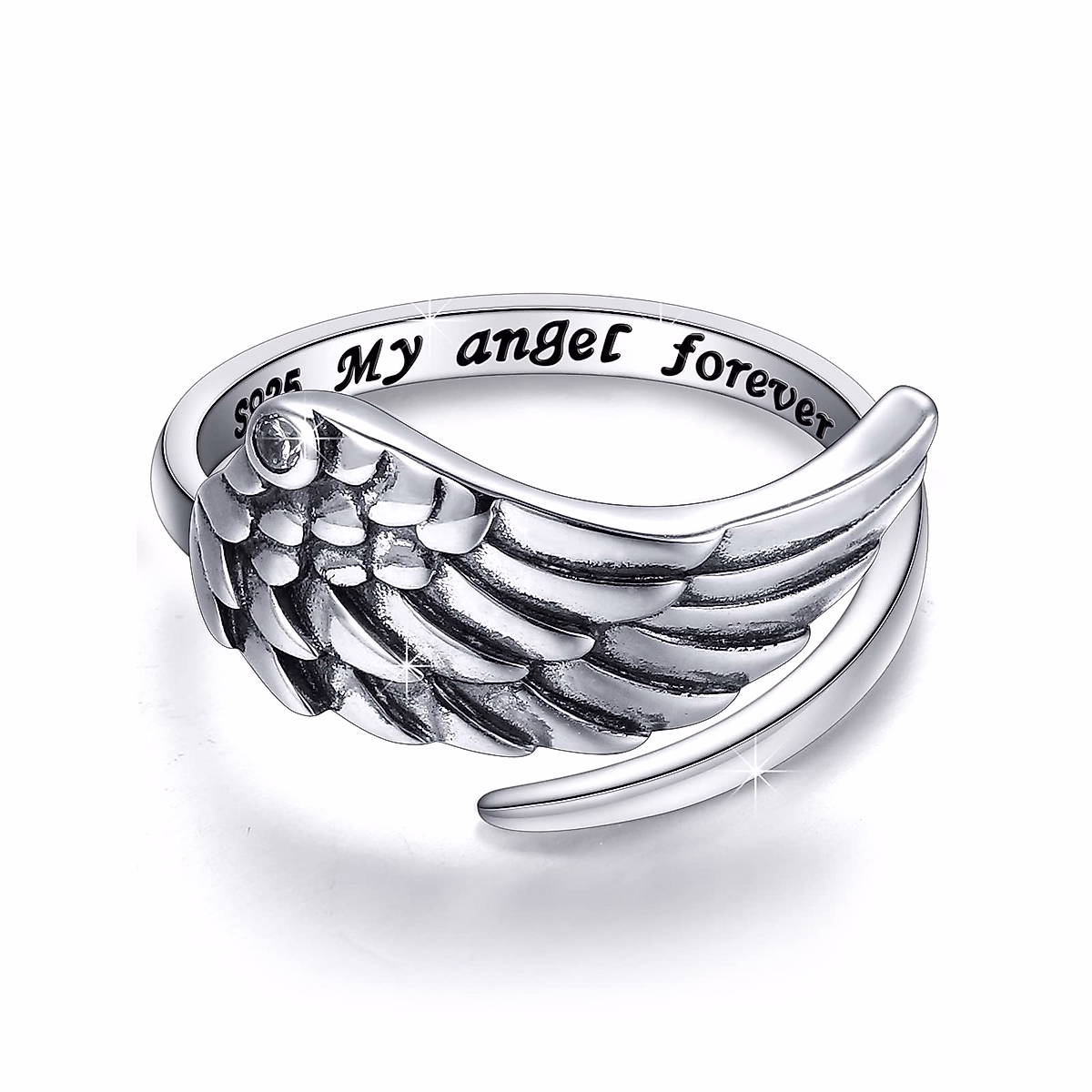 Ladytree Feather Guardian Angel Wings Ring for Women Memorial Sterling Silver Purity Adjustable Open Thumb Rings Jewelry Miscarriage Memory for Mother Mom Daughter Size 7