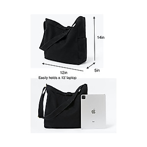 Jeelow 20oz Washed Canvas Tote Shoulder Crossbody Bags Purse Handbag For Men & Women Adjustable Strap (Black)