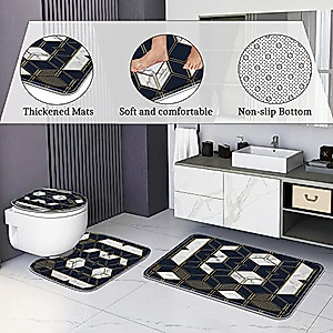 YOKYHOM Bathroom Sets, 4 Piece Geometric Bathroom Shower Curtain Sets with Rugs (Black), Incl 71'' x 71'' Polyester Waterproof Shower Curtain with 12 Hooks, Non Slip Bath Mats and Toilet Lid Oval Rug