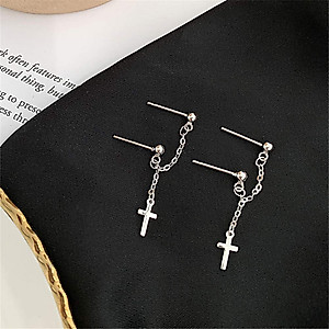 Chain Cross Two Holes Tiny Ball Stud Earrings for Women Dainty 925 Sterling Silver Small Cute Threader Tassel Cartilage Drop Dangle Double Piercing Hypoallergenic Gifts for Bff Daughter
