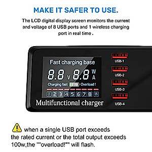 USB Charger Hub ASOMETECH 100W 8-Port Desktop Multiple USB Charging Station with PD Port, Quick Charge 3.0 USB Port, Wireless Charger, LCD Display Fast USB C Charger for iPhone 12, Tablet and More