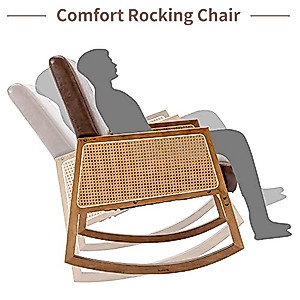 Olela Rocking Chair Nursery, Mid Century Modern Glider Chair Faux Leather Upholstered Rattan Chair, Modern Single Accent Chair with Wood Arm Rests for Living Room Bedroom Office (Brown-PU)