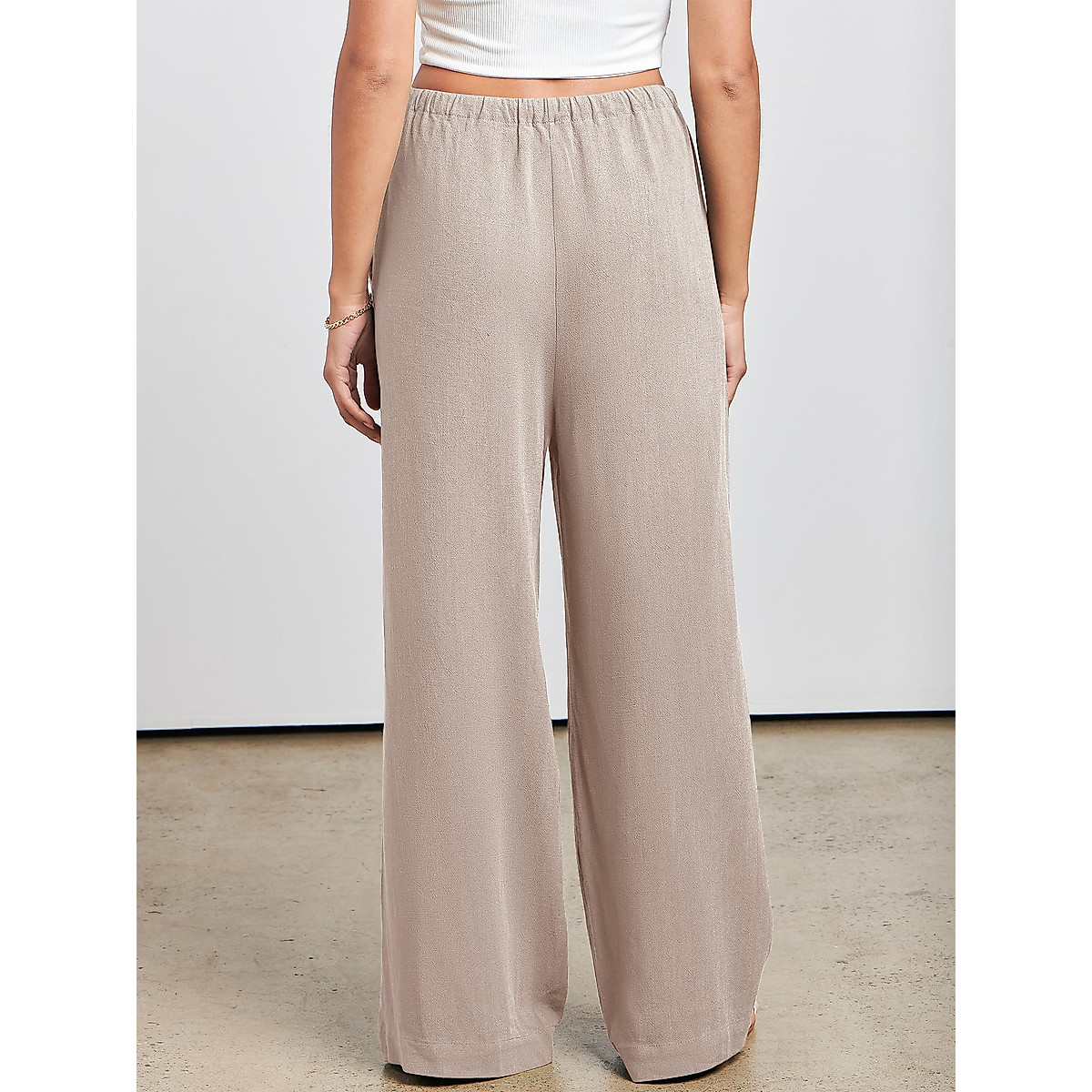 ANRABESS Women's Linen Summer Palazzo Pants Elastic Waist Casual Beach Trendy Wide Leg Trousers with Pockets Large Light Khaki