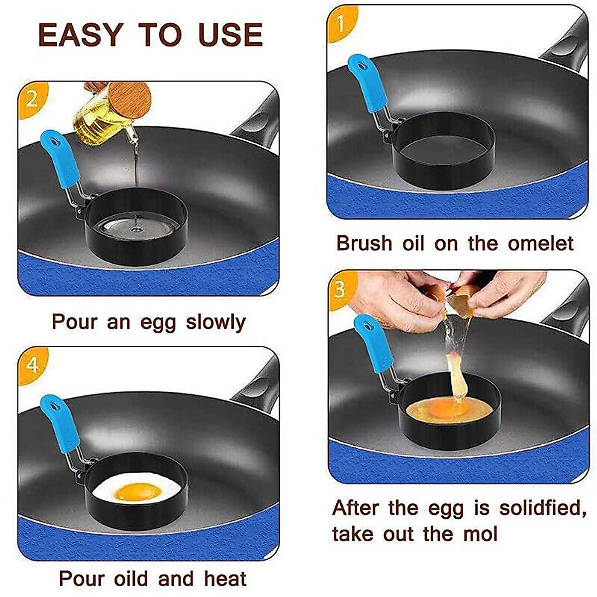 1-6 Pcs Non Stick Egg Frying Rings Perfect Circle Round Fried/Poach Mould Pancake (4 Pcs Ring Molds)