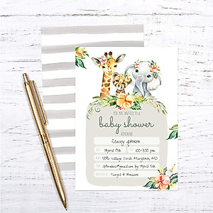 Boho Safari Animal Baby Shower Invites / 25 Welcome Baby Desert Animals Party Invitations / 5" x 7" Flat Floral New Baby Party Invitation Cards/Made In The USA