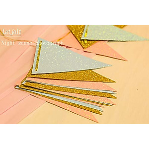 10 Feet Gender Reveal Party Banner Glitter Paper Decoration Anniversary Supplies Garland Pennant Flags for Baby Shower Birthday Party Nursery Graduation Decoration 15pcs (Gold Pink Blue)