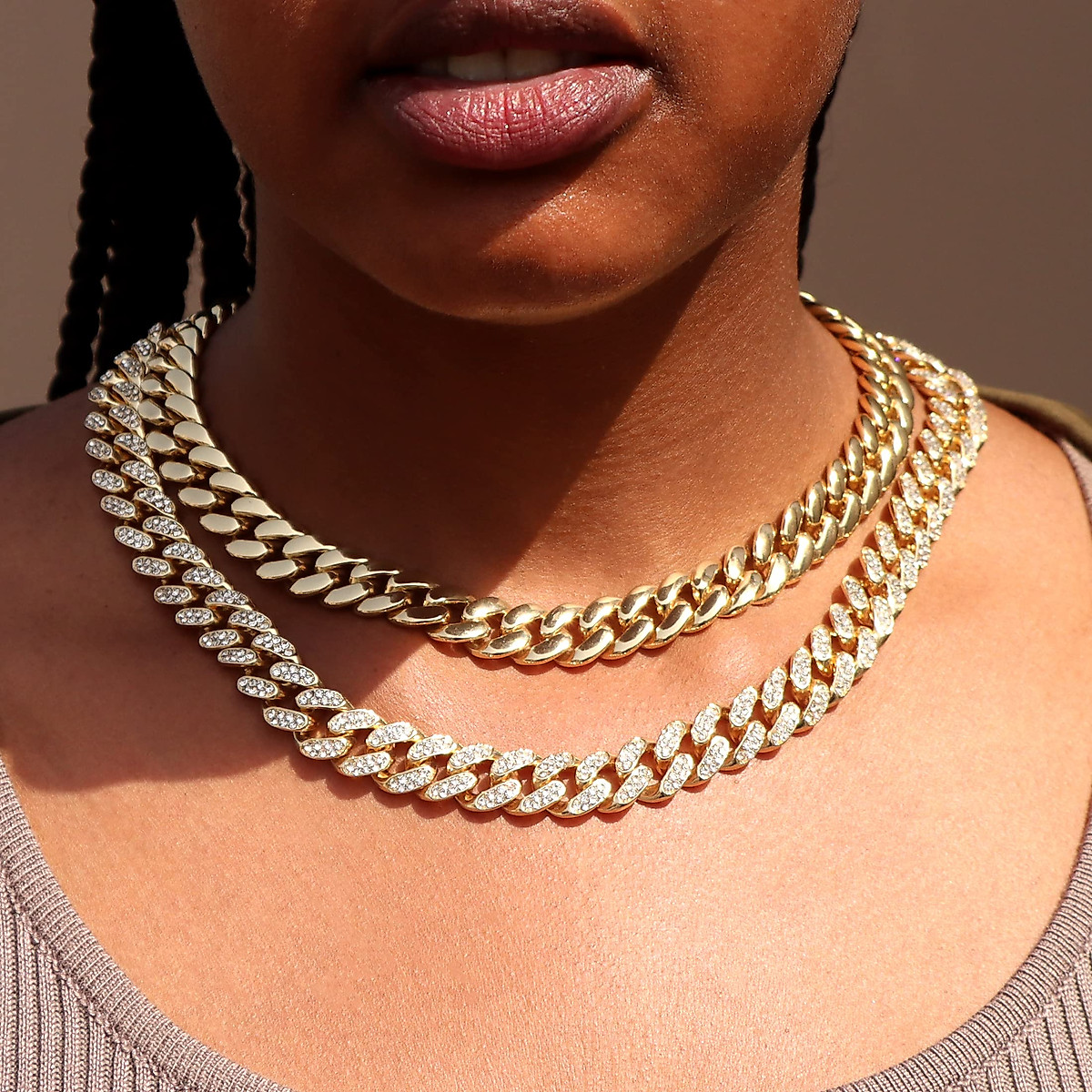 DLSIXNCO 2PCS Cuban Link Chain for Men Women Miami Cuban Link Chain Necklace Gold Silver Plated Bling Diamond Chain Trendy Choker Chain Necklaces Jewelry for Men (Gold, 16inch+18inch)