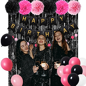 Black and Pink Birthday Party Decorations for Girls Women Happy Birthday Banner, Black Foil Fringe Curtain, Paper Pom Poms for girls Women Birthday Pink Black Party Supplies