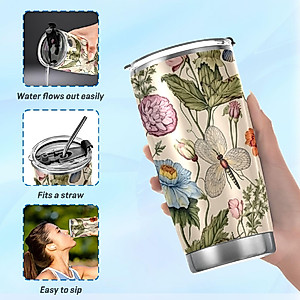xigua Floral Dragonflies 12oz Tumbler with Lid and Straw, Stainless Steel Vacuum Insulated Coffee Tumbler Cup, Double Wall Travel Mug for Hot and Cold Drinks