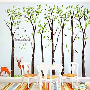 Giant Large Jungle 7 Brown Tree Wall Decal DIY Removable Vinyl Sticker Green Leaf Leaves Birds and Deer Wallpaper for Kids Girl Boy Bedroom Living Room Nursery Rooms Home Offices Walls 118" x 83"
