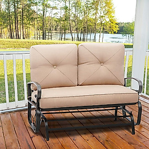 Omelaza Patio Bench, Porch Glider Outdoor Swing Glider Rocking Loveseat, Steel Frame Chair with Thick Cushion (Brown)