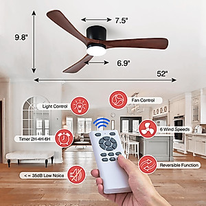 HUMHOLD 52" Wood Ceiling Fan with Lights Remote, Reversible DC Motor 6-Speed Ceiling Fan, 3 Blades Low Profile Flush Mount Ceiling Fans, Modern Ceilingfans for Low Profile, Walnut and Matte Black