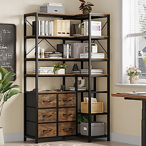 BTHFST Corner Bookshelf with 6 Fabric Drawers, Convertible Tall Bookcase 7 Tier, Industrial Book Shelf with Metal Frame, Wide Bookshelves for Living Room Home Office, Rustic Brown & Black
