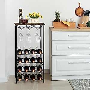 Wine Rack Table, FreeStanding Wine Bar Rack, Wine Bar Cabinet with GlassBottle Holder, Metal and Wood Industrial Wine Cabinet for Home, Floor Liquor Wine Cabinet Storage, for Bar Kitchen Dining, Brown