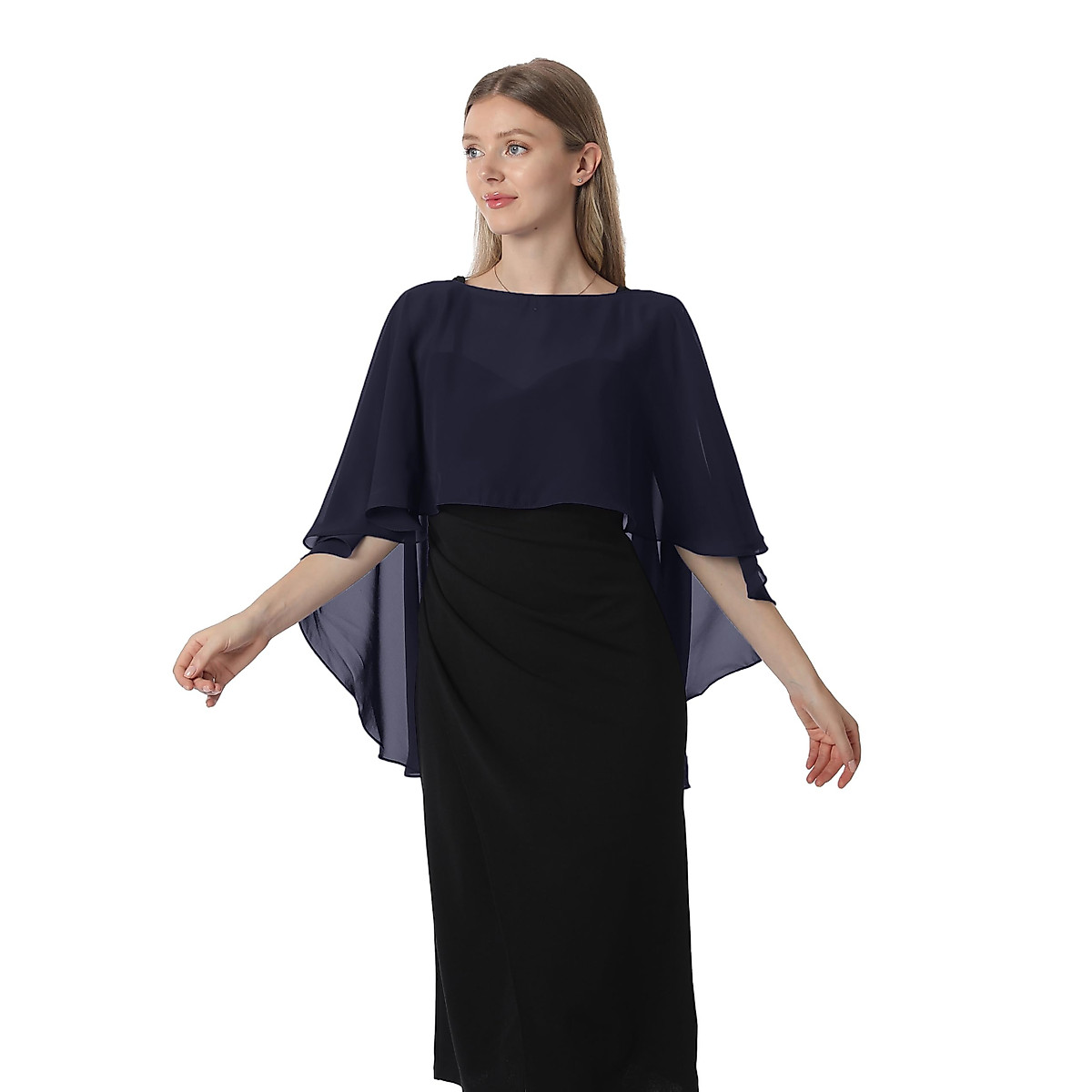 Hotshawl Capelets for women Chiffon Cape Shawls and Wraps for Evening Dress Wedding Capes Cover Up (Navy)