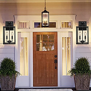 PARTPHONER Large Outdoor Light Fixutre 2-Light, Dusk to Dawn Outdoor Lighting Farmhouse Front Porch Light Exterior Wall Lantern Sconce with Clear Glass for Entryway Doorway House Garage