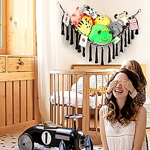 2 Set Large Stuffed Animal Toy Net Hammock with LED Light Plush Toy Hammock with Hooks Boho Corner Stuffed Animal Hanging Organizer for Kids Bedroom Nursery Decoration (Black)