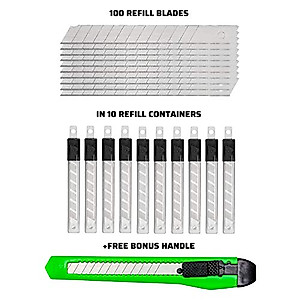 Fixson Box Cutter Utility Knife 9-mm Snap-Off Replacement Blades (100 PACK REPLACEMENT BLADES) With 1 Retractable Razor Blade Included