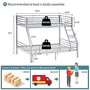 Bonnlo Bunk Beds Twin over Full Size with Flat Rung Steps, Heavy Duty Bunk Beds for Kids/Teens/Adults,13 inches Reinforced Guardrail, Gray