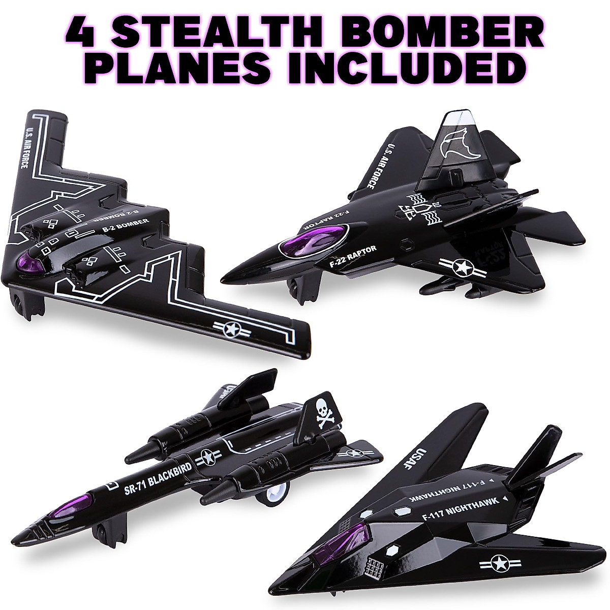 ArtCreativity Diecast Stealth Bomber Toy Jets with Pullback Mechanism, Set of 4, Diecast Metal Jet Plane Airplane Toys for Boys, Air Force Military Cake Decorations, Aviation Party Favors
