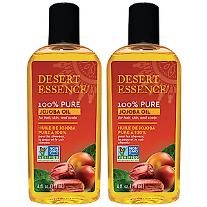 Desert Essence 100% Pure Jojoba Oil - 4 Fl Oz - Pack of 2 - Haircare & Skincare Essential Oil - All Skin Types - No Oily Residue - May Help Prevent Flakiness - Makeup Remover - Aftershave Moisturizer