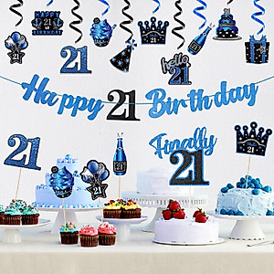 WATINC 42pcs 21st Blue Birthday Banner Party Decorations, Hello 21 Glitter Hanging Garlands Swirls Signs for 21 Years Old Party Favor, Blue Black Sliver Cake Topper Centerpieces Home Table Decor