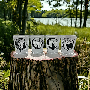 Brindle Southern Farms Cats, Crystals, & Moon Shot Glass Set of 4: Engraved Cat Shot Glasses Cat Decor, Cat Mom Barware (Diamond Black Engraved)
