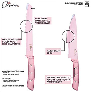 Kitchen Knife Set, OasisUSA Stainless Steel Sharp Knife Sets With ABS Stand, non-fading Pink Color Flower patterned Stainless Steel Blade with Triple-Riveted Handles. Gift for Women and Girls