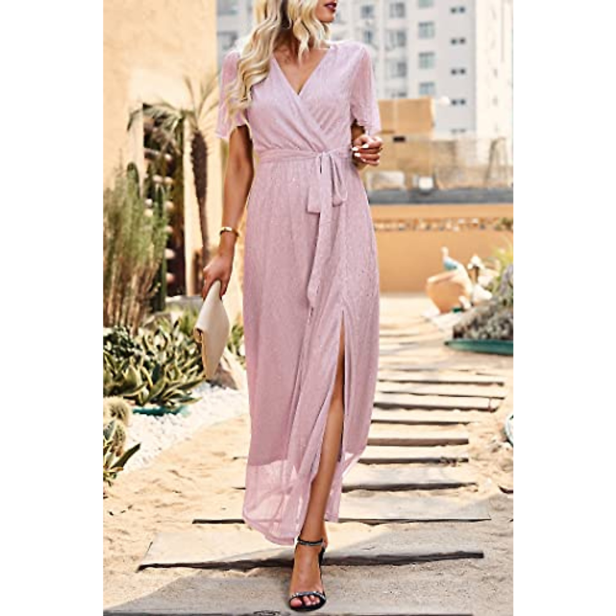 PRETTYGARDEN Women's Summer Maxi Glitter Dress Wrap V Neck Ruffle Sleeve Cocktail Party Long Dresses with Slit (Pink,X-Large)