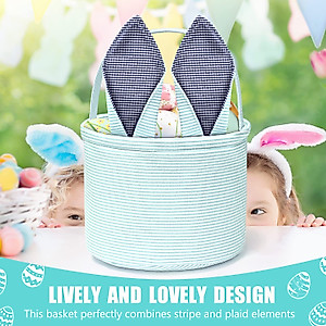 Easter Baskets Seersucker Bunny Bag for Kids, Cute Easter Bucket Bags with Rabbit Ears Stripe Canvas Toys Bucket Tote for Easter Eggs Hunting Candies Personalized Easter Party Gifts(Cyan)