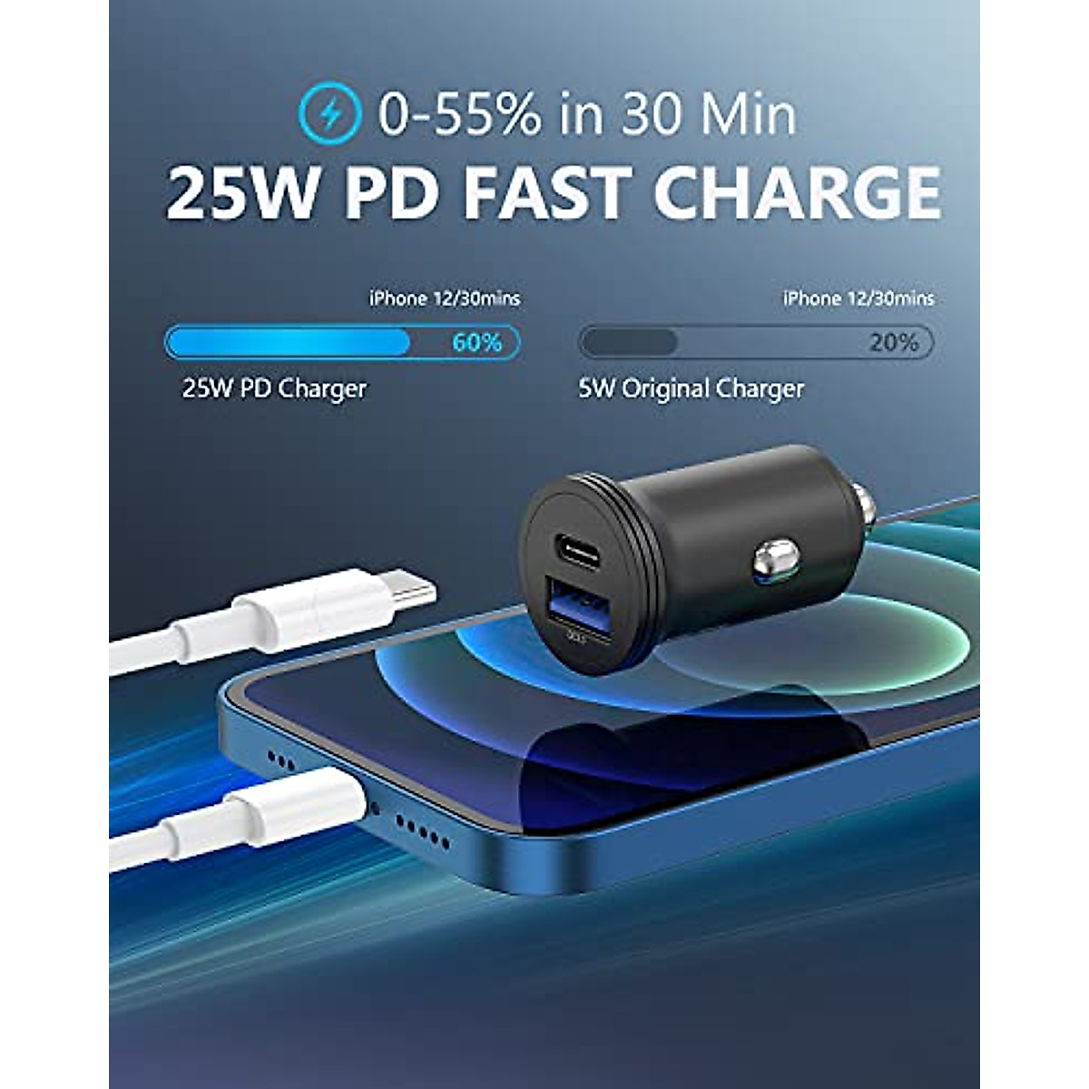 Car Charger for iPhone 13, 43W Fast USB C Car Charger Adapter Dual Port, 25W USB-C & 18W USB iPhone Car Charger Aluminum Alloy with Lightning Cable for iPhone 13/12 Pro Max/11 Pro/XS/XR/8 and More