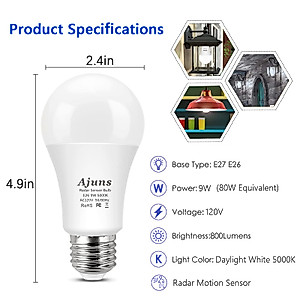 Radar Motion Sensor LED Light Bulbs, Dusk to Dawn Radar Motion Activated Bulb 9W 5000K Daylight White A19 LED Bulb, E26 Base, for Hallway, Garage, Basement, etc, 2 Packs