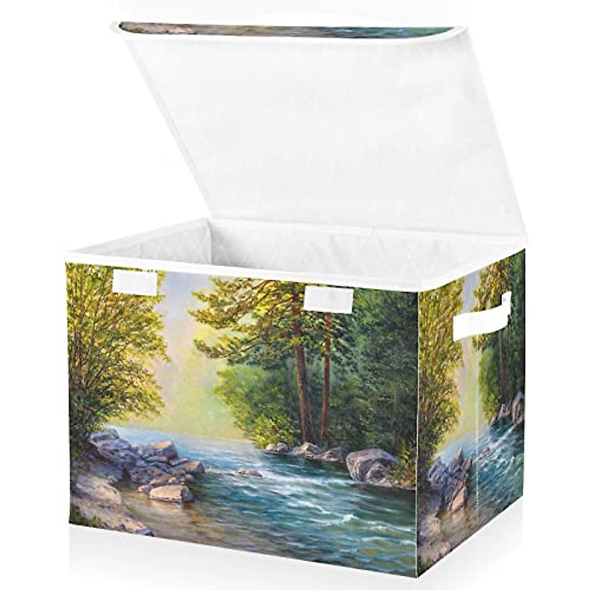KEEPREAL Summer Forest Oil Painting Storage Basket Bin with lid, Large Cube Storage Box Collapsible Storage Organizer for Home Office Closet - 16.5 L x 12.6 W x 11.8 H