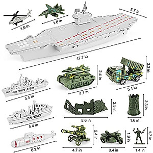 123PCS Aircraft Carrier Toy Set with Toy Soldiers, Jets, Submarine, Frigate, Helicopters, Military Vehicles Battleship Planes Trucks Tank Army Men Toys for Kids Boys Girls and Accessories 18 Inches