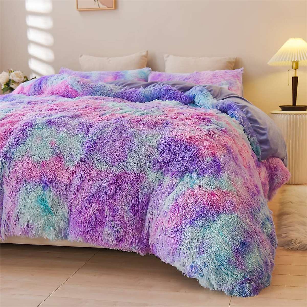 Holawakaka Aqua Teal Purple Tie Dye Shaggy Fuzzy Duvet Cover Set Queen Size Faux Fur Bedding Sets Furry Plush Comforter Cover (Teal Lavender)