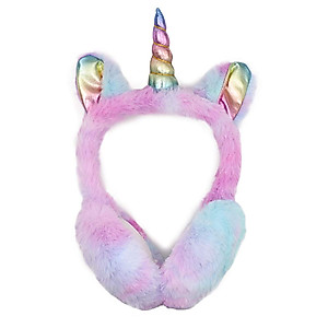 BUTITNOW Cute Rainbow Unicorn Earmuffs for Women Kids Girls, Foldable Warm Soft Plush Comfortable Outdoor Winter Ear Warmers
