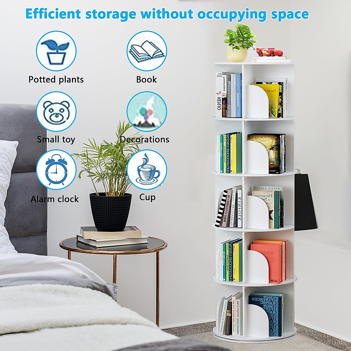 Rotating Bookshelf, Wood Bookshelf Corner Bookshelf, 360 Display 5 Tier Spinning Bookshelf Tower Lazy Susan, Tall Bookcase Storage Rack for Kids&Adults, Revolving Bookcase Book Shelf for Bedroom