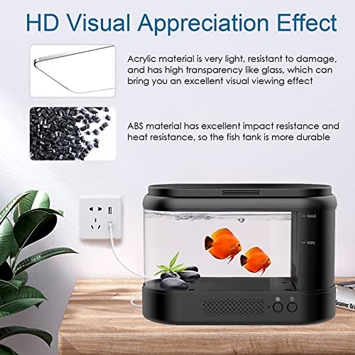 AQQA Aquarium Kit 1.8 Gallon Small Betta Fish Tank with Adjustable LED Lighting (9 Colors) Internal Filter Pump and Air Purification Aromatherapy Function for Home Office (Black)