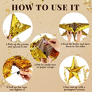 Foil Star Piñata with Blindfold and Bat for Kids Birthday Foldable Star Shape Piñata with Piñata Stick Gold Festive Star Piñata Foil Star Fiesta Party Supplies Favors for Mexican Baby Shower Party