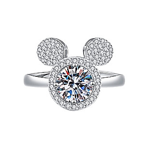 Halo CZ Mouse Statement Ring for Women Girls Silver Plated Cubic Zirconia Cute Mice Animal Promise Adjustable Expandable Finger Band Ring Comfort Fit Dainty Christmas Birthday Party Jewelry Gift