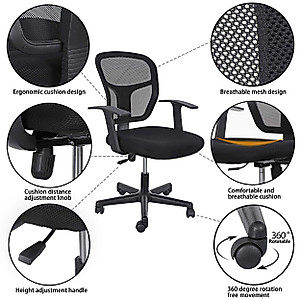 SUPER DEAL Ergonomic Desk Chair Mesh Computer Chair with Armrests, Height Adjustable, 360° Swivel Home Office Task Chair, Black