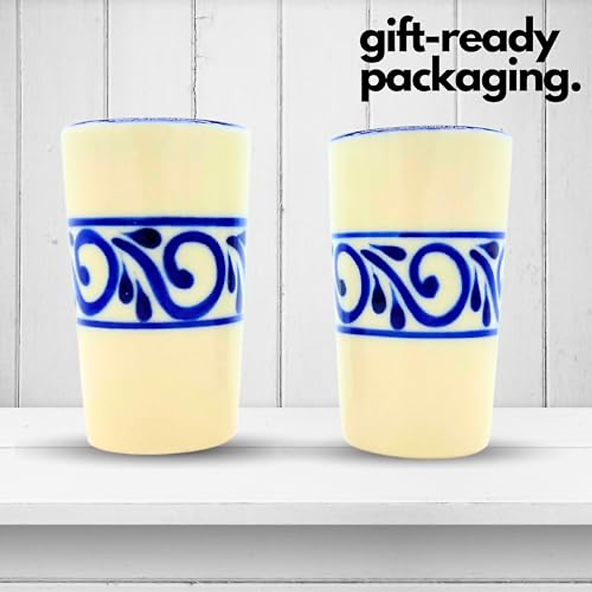 Casa Fiesta Designs Mexican Shot Glasses, Tequilero Mexicano - Hand-painted in Mexico - Great for Tequila, Mezcal and Sangrita, 2 oz set of 2 - Tequilero Colonial White Flores Entre Lineas